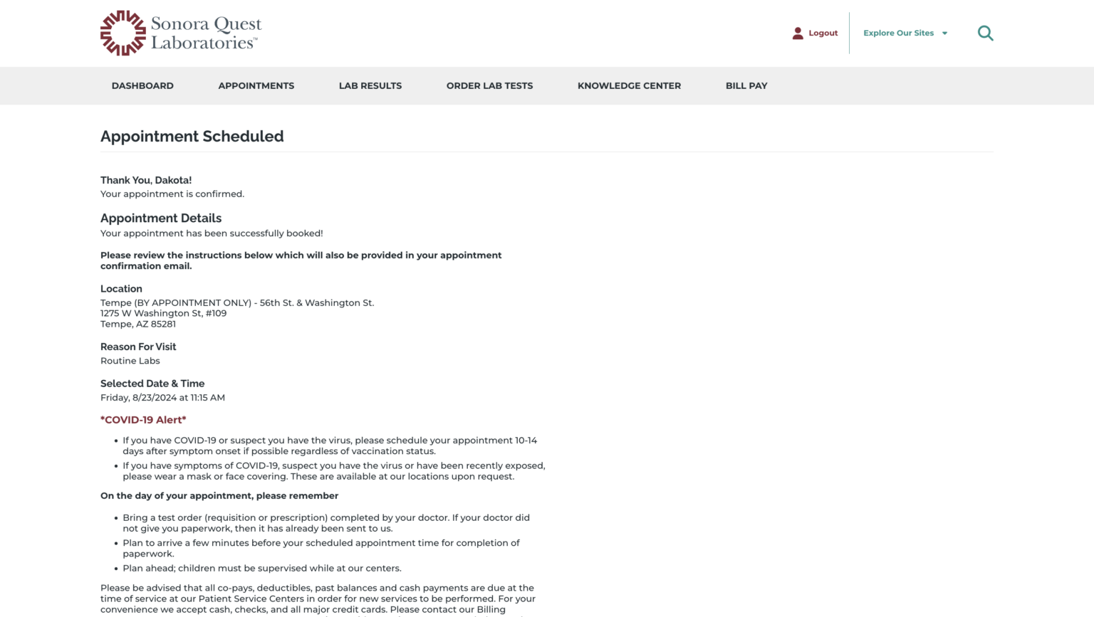 Scheduling a Quest blood draw in Arizona