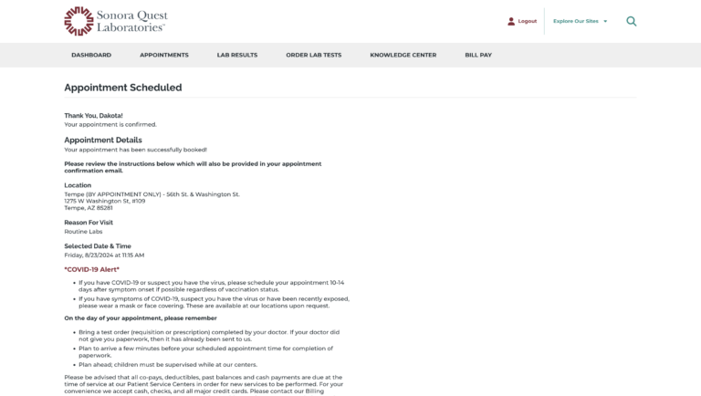 Scheduling a Quest blood draw in Arizona