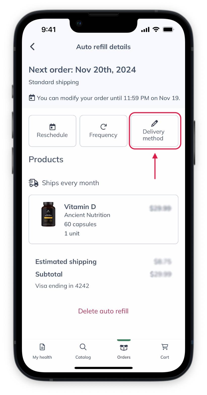 Managing your auto refill shipping and payment