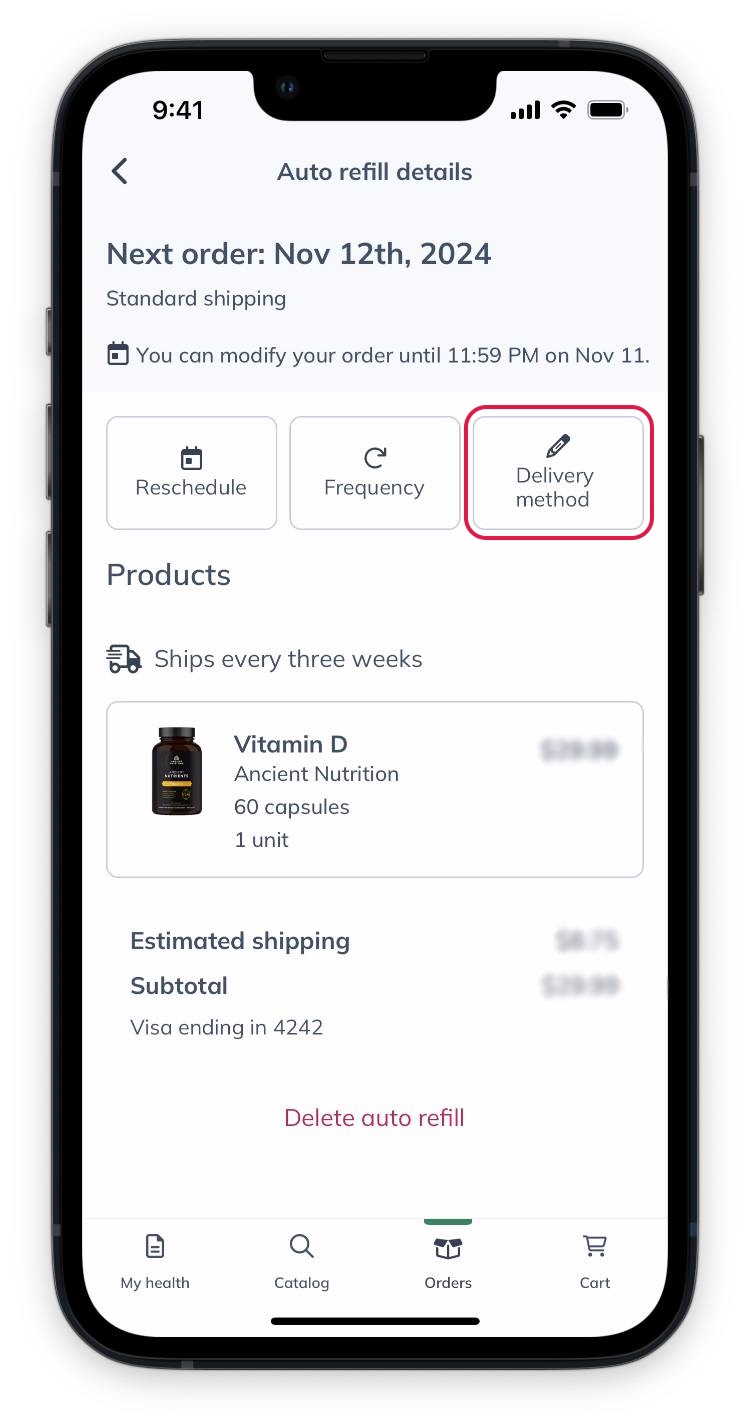 Managing your auto refill shipping and payment