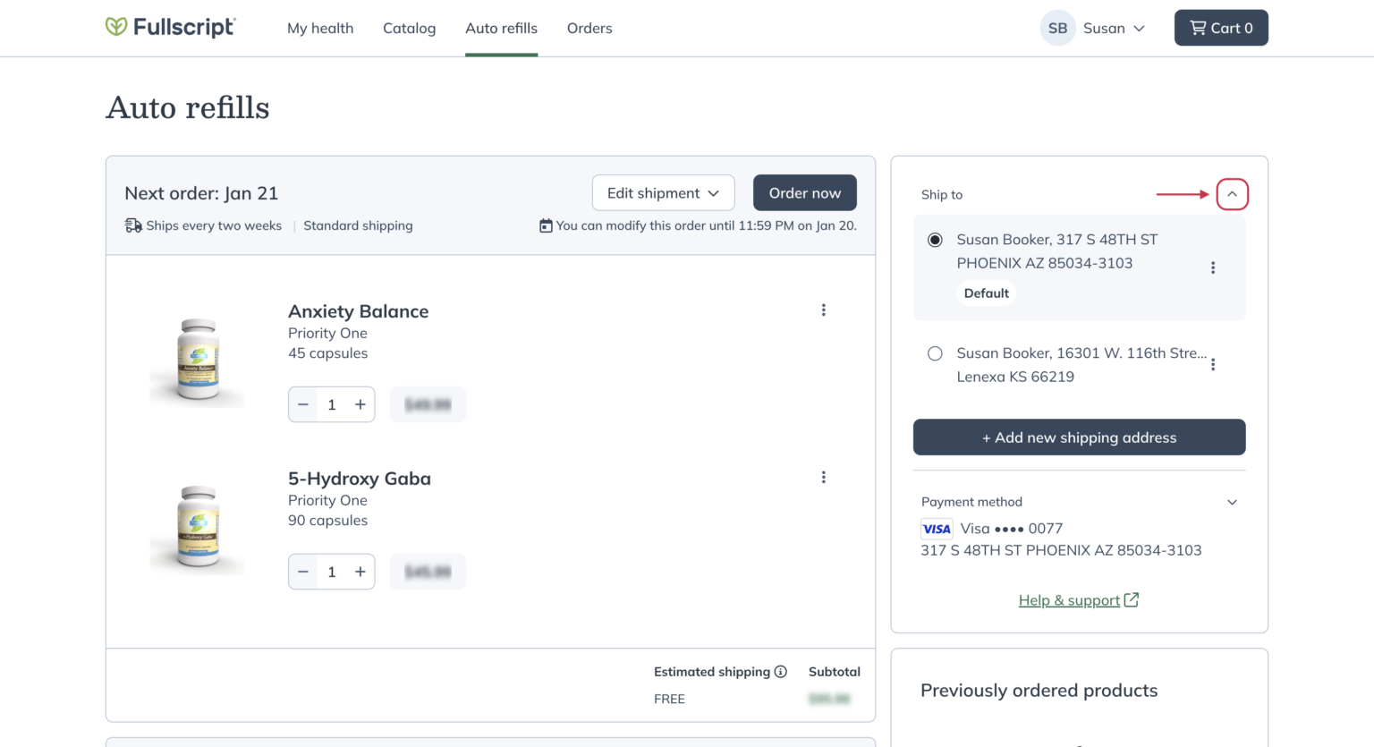 Managing your auto refill shipping and payment