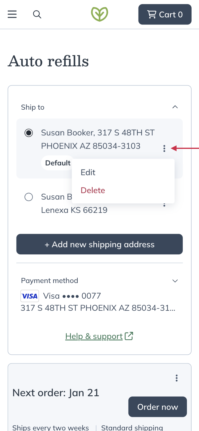 Managing your auto refill shipping and payment