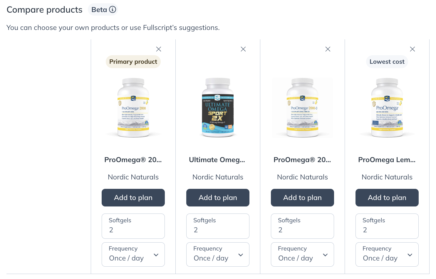 Comparing products in the plan-building catalo