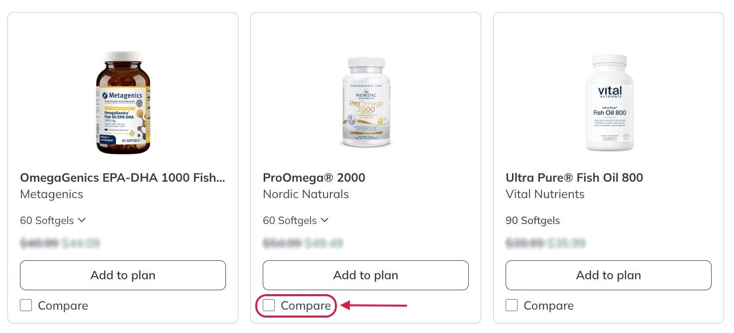 Comparing products in the plan-building catalo